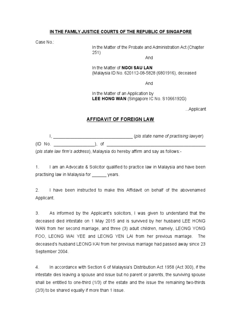 Affidavit of Foreign Law Draft | PDF | Intestacy | Probate