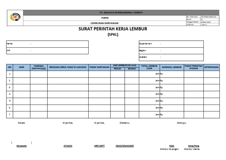 Form Surat Perintah Kerja Lembur (SPKL) Mingguan | PDF