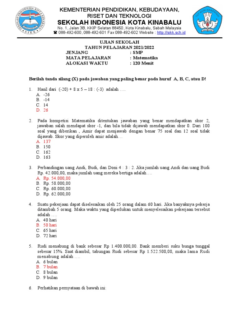 Format Soal Matematika SMP | PDF