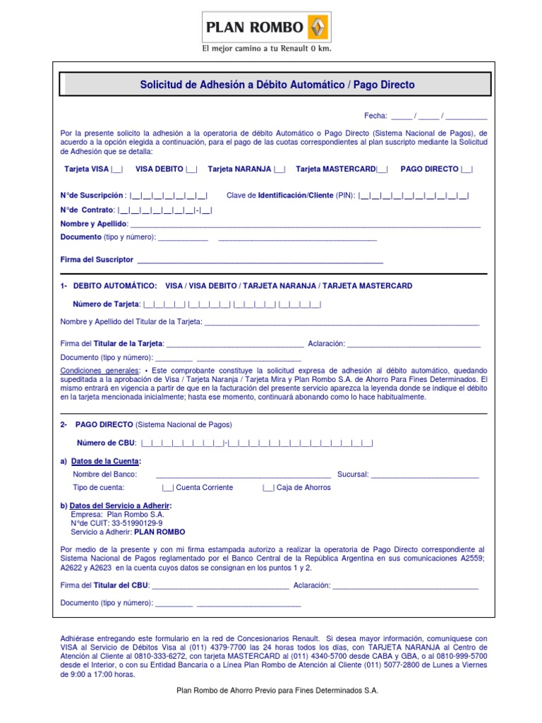 Formuario de Adhesión A Débito Automático | PDF | Tarjeta de débito | Visa Inc.