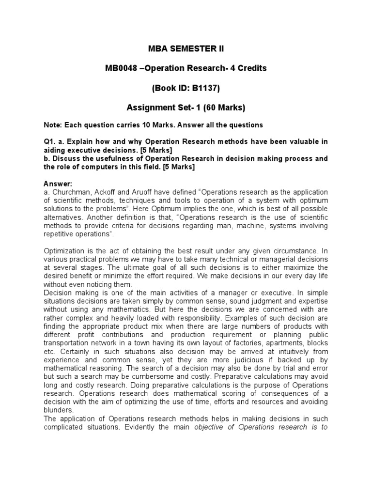 Mba Semester Ii MB0048 - Operation Research-4 Credits (Book ID: B1137) Assignment Set - 1 (60 ...