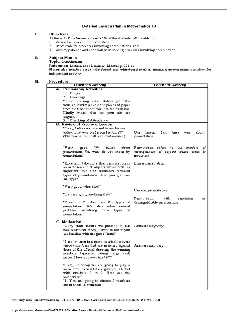Detailed Lesson Plan in Mathematics 10 Combinations | PDF | Permutation | Cognition