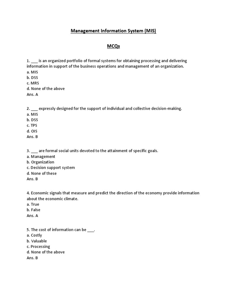 BBA 3 Yr Management Information System MCQ 1 | PDF | System | Decision ...