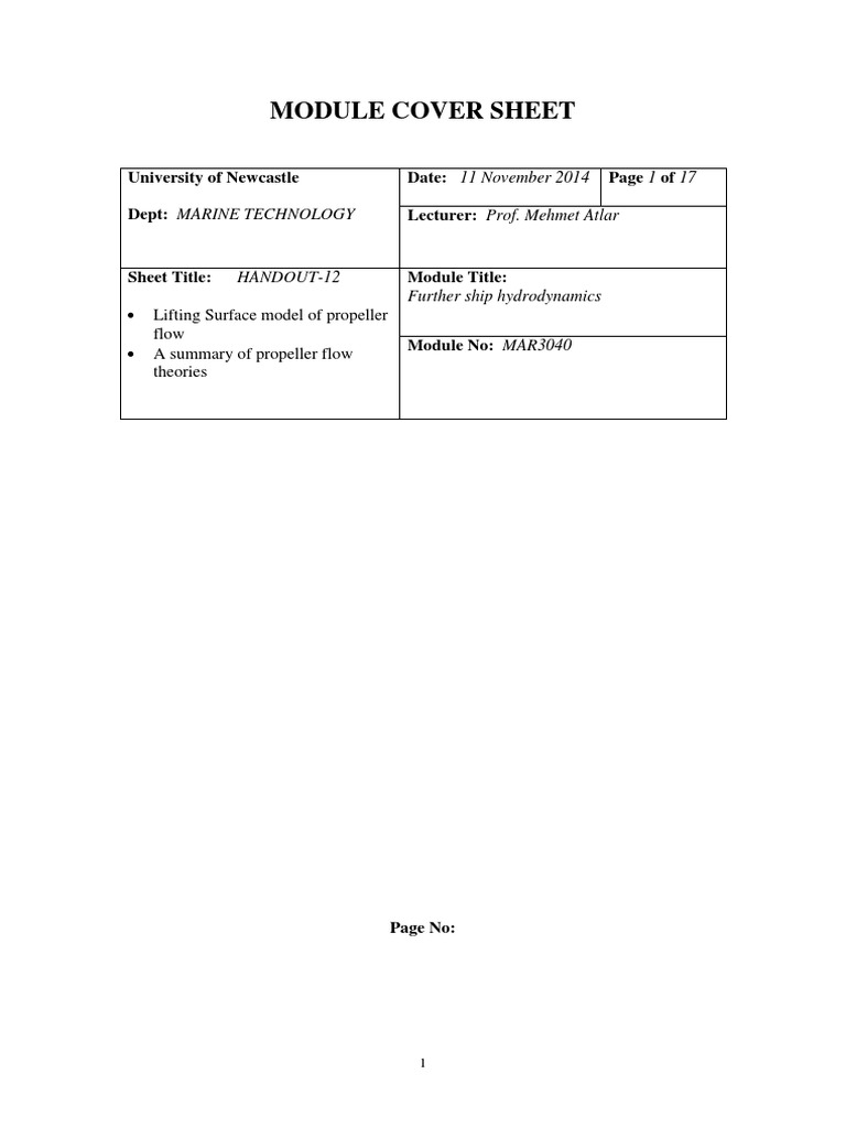 Handout 12 - Lifting Surface Model of Propeller Flow | PDF