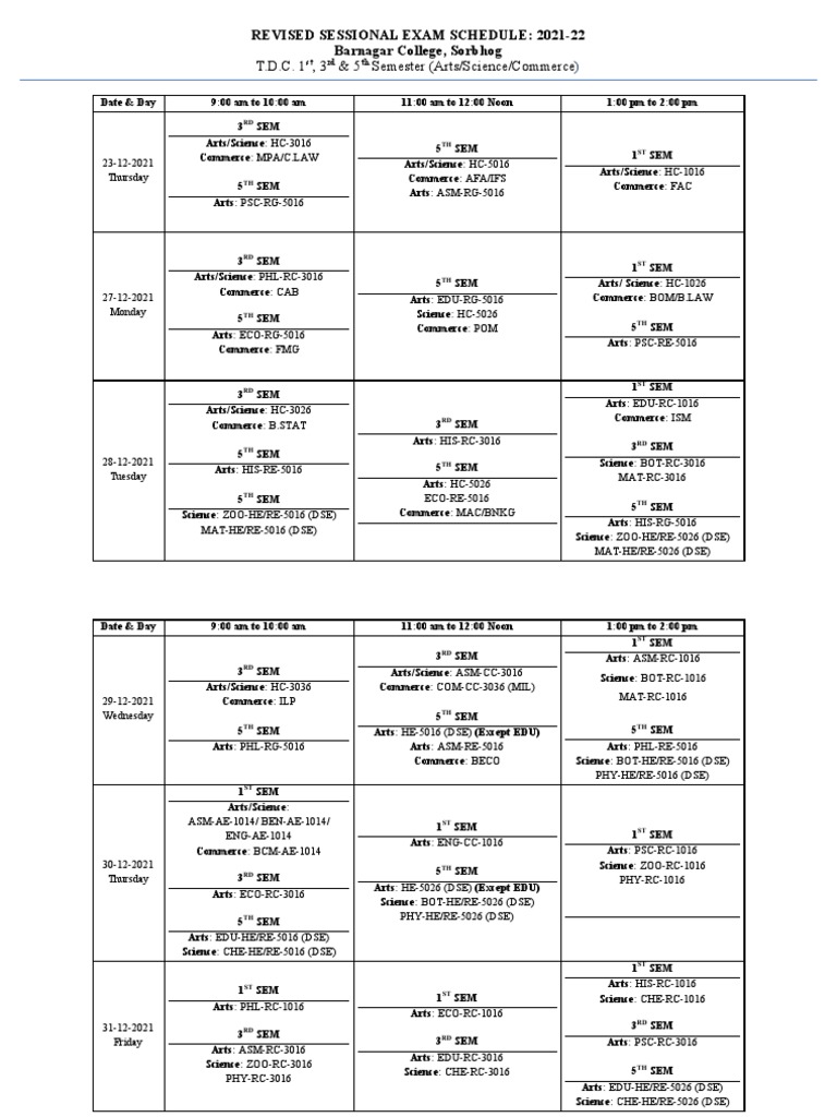 REVISED Sessional Exam Routine - B.a., B.SC, B.com 1st, 3rd, 5th Sem 2021 | PDF | Academia