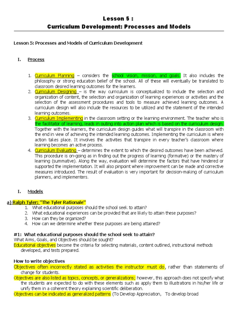Lesson 5: Curriculum Development: Processes and Models | PDF | Curriculum | Learning