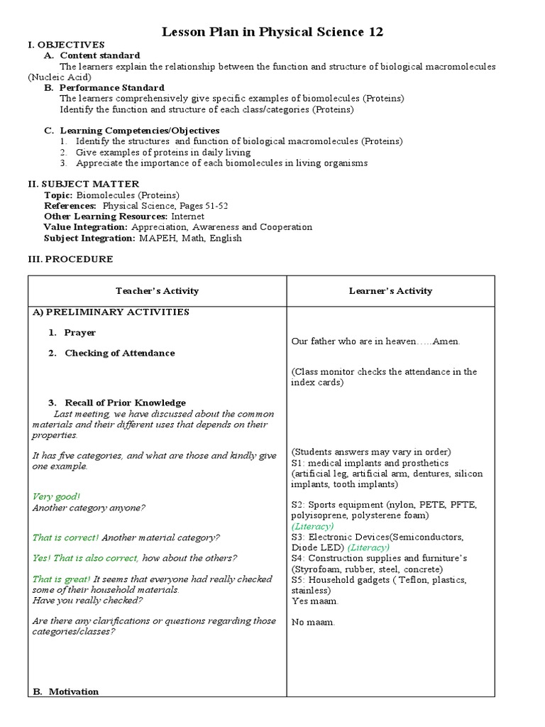 Lesson Plan in Physical Science 12: Pages 51-52 | PDF | Proteins | Cell ...