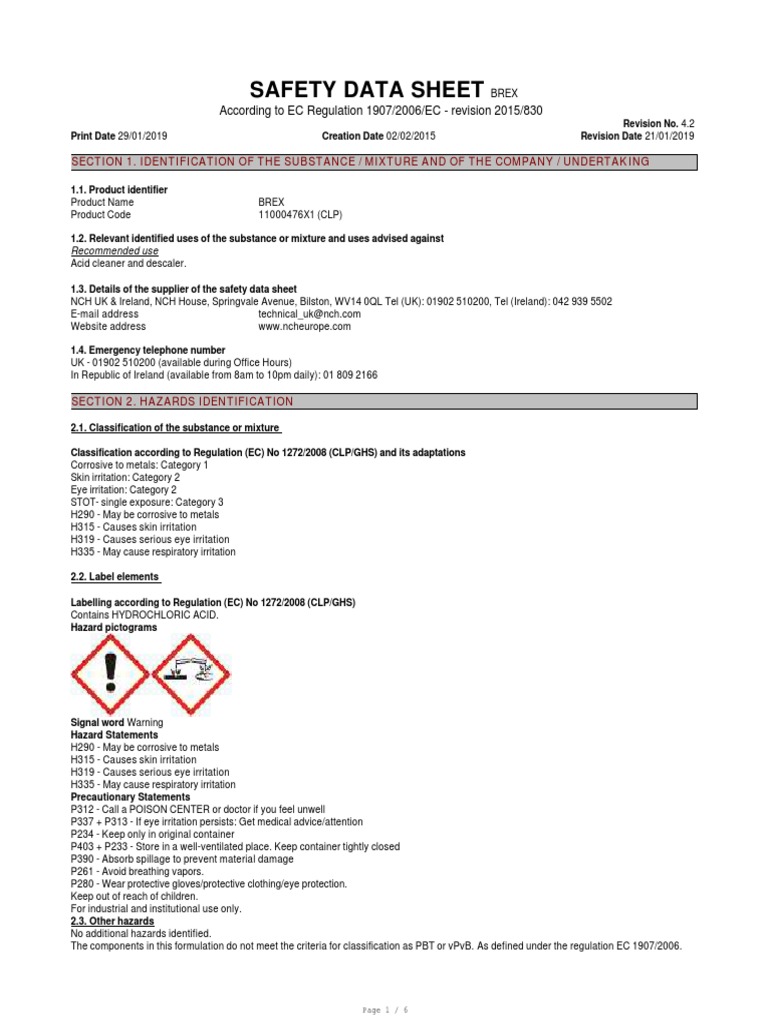 Safety Data Sheet: According To EC Regulation 1907/2006/EC - Revision 2015/830 | PDF | Dangerous ...