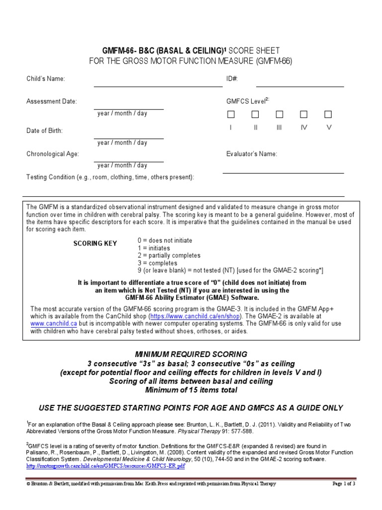 GMFM 66 B C Score Sheet v2 | PDF