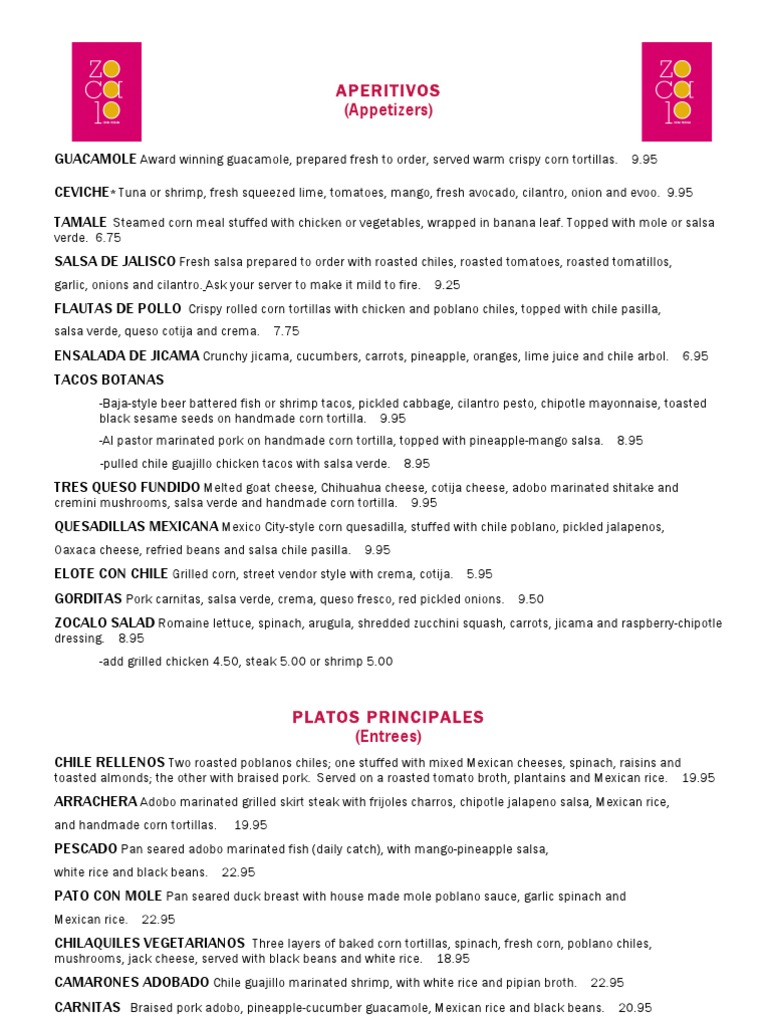 New Zocalo Dinner, Lunch | PDF | Taco | Pickling