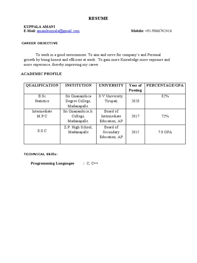 Resume of Kuppala Amani | PDF