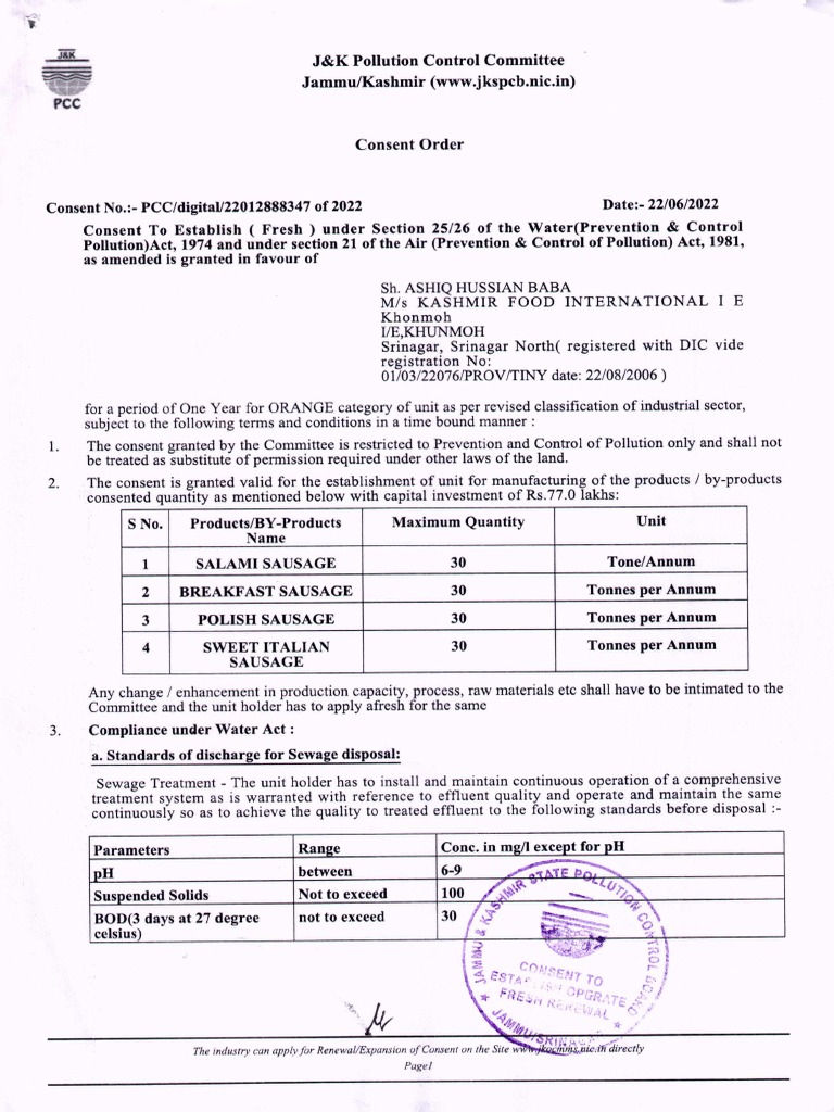 Consent Order: J&K Pollution Control Committee Jammu/Kashmir (WWW ...