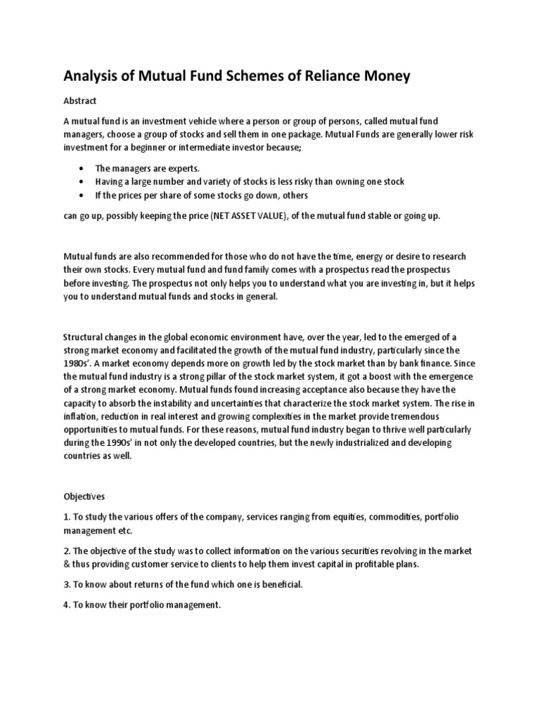 Analysis of Mutual Fund Schemes of Reliance Money-Project | PDF ...