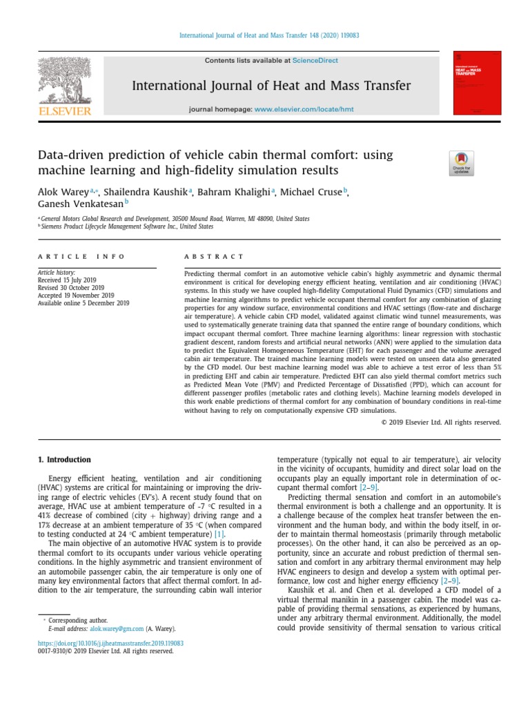 Data Driven Prediction of Vehicle Cabin Thermal Comfort Using Machine ...