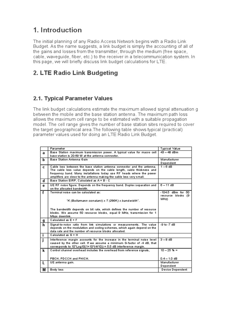 LTE Radio Link Budgeting: 2.1. Typical Parameter Values | Download Free ...