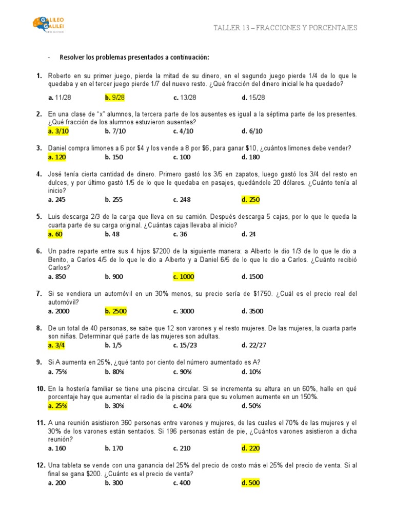 Taller 13 - Fracciones y Porcentajes | PDF