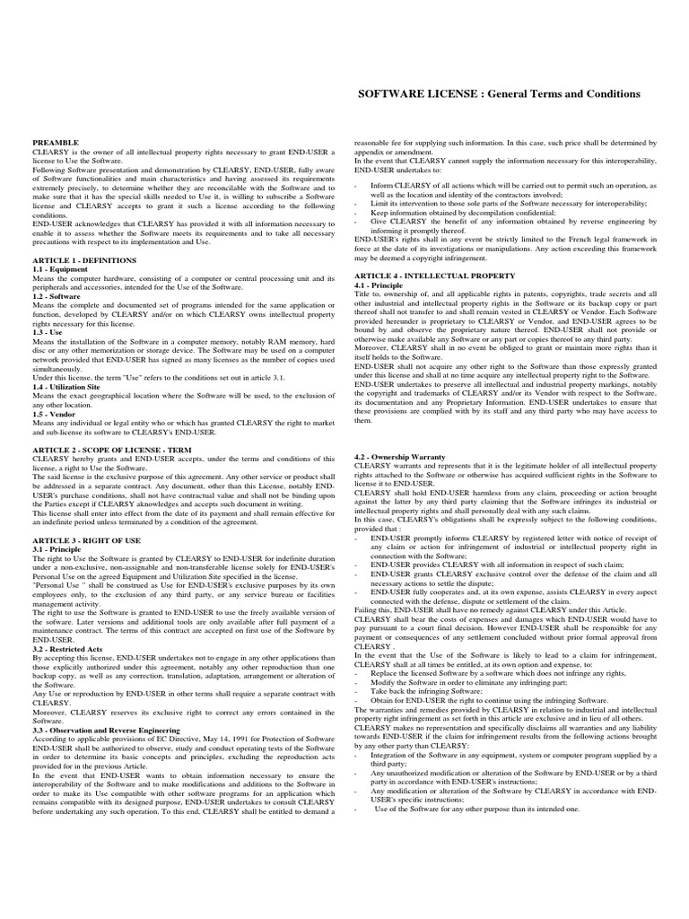 SOFTWARE LICENSE: General Terms and Conditions | PDF | License ...