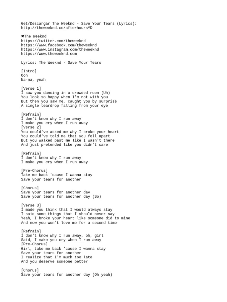 The Weeknd - Save Your Tears (Lyrics) (Descripción) | PDF