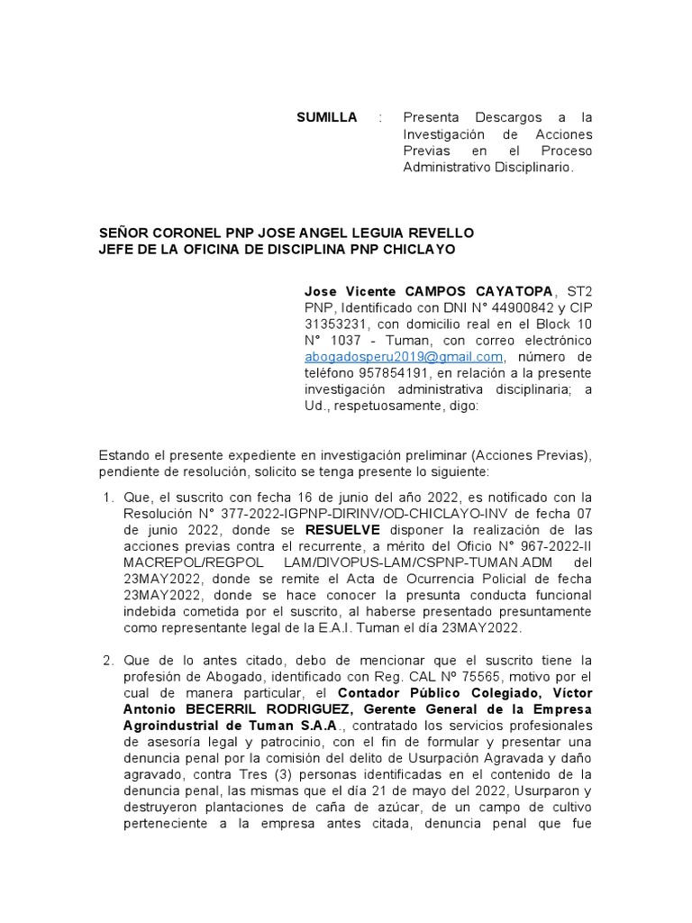 Descargo Acciones Previas Campos | PDF | Esfera pública | Ley Pública