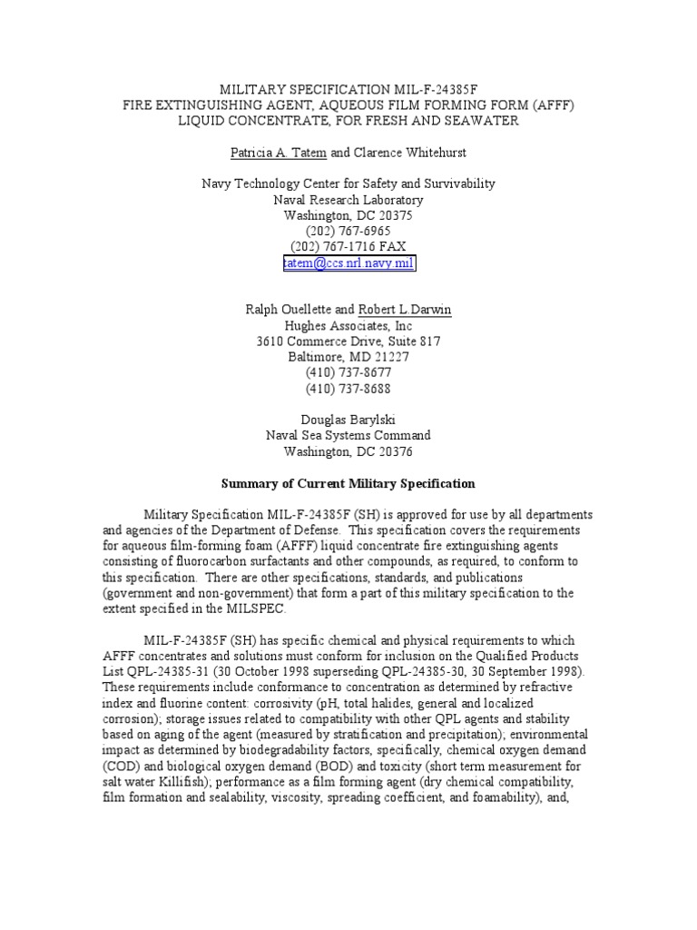 Evaluation of Aqueous Film-Forming Foam (AFFF) Agents for Conformance ...