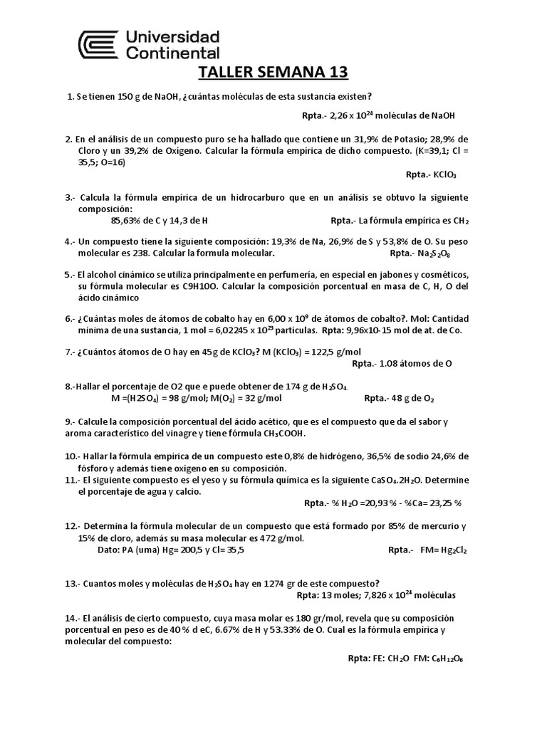 Taller Semana 13 | PDF | Mole (Unidad) | Moléculas