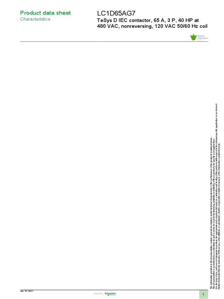 TeSys D IEC contactor technical specifications sheet: LC1D65AG7 65A 3P ...