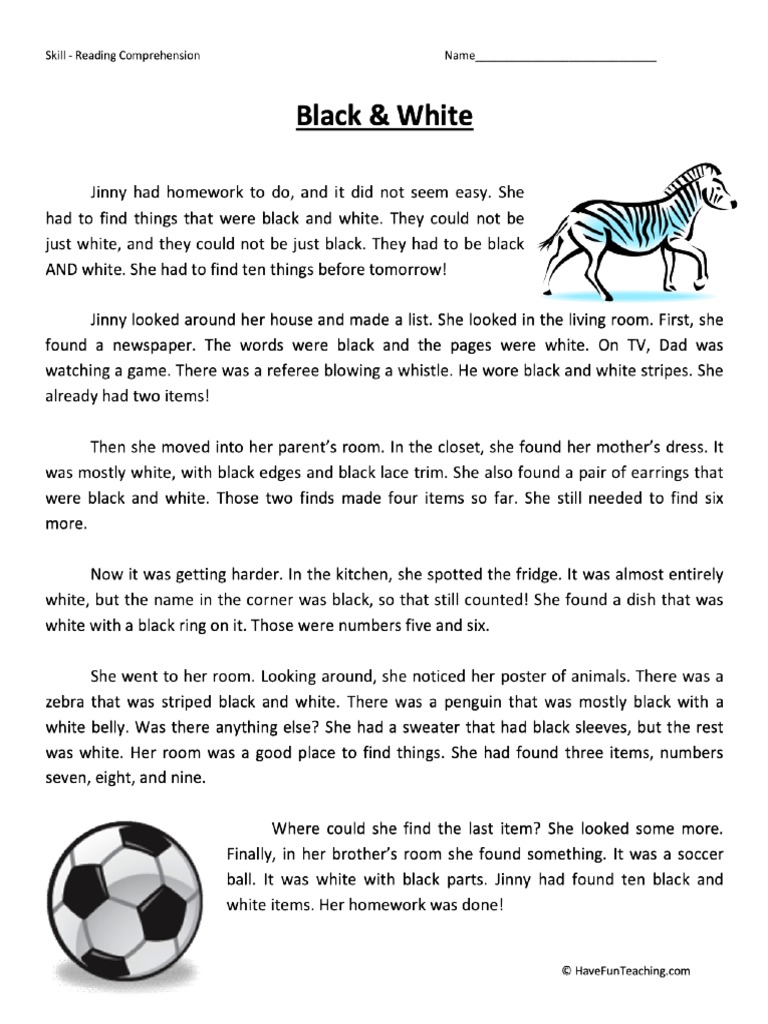 Black and White Third Grade Reading Comprehension Worksheet | PDF