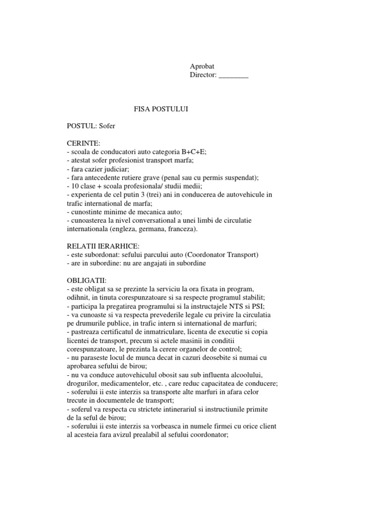 Model Fisa Postului Pentru Sofer | PDF