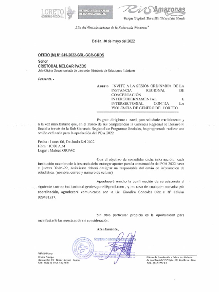 Oficio (M) #045-2022-GRL-GGR-GRDS | PDF