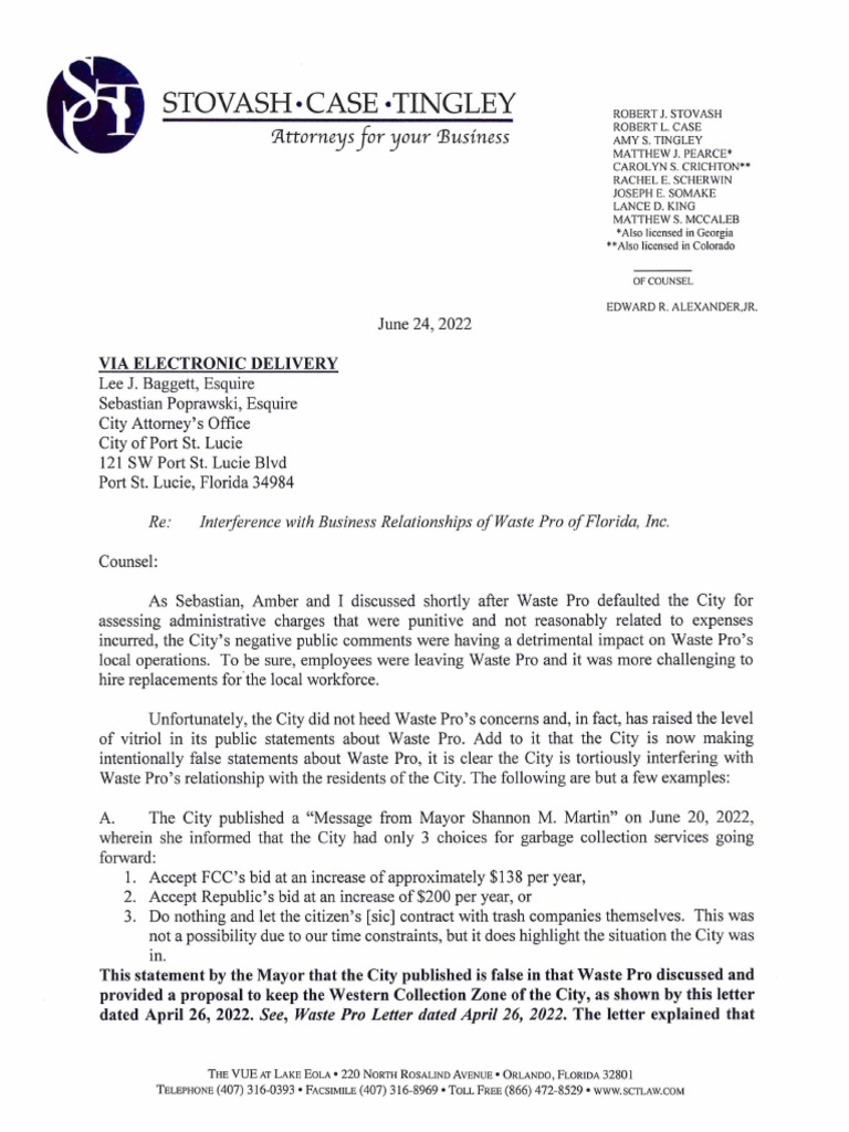 Waste Pro Legal Dispute with Port St. Lucie | PDF | Injunction | Complaint