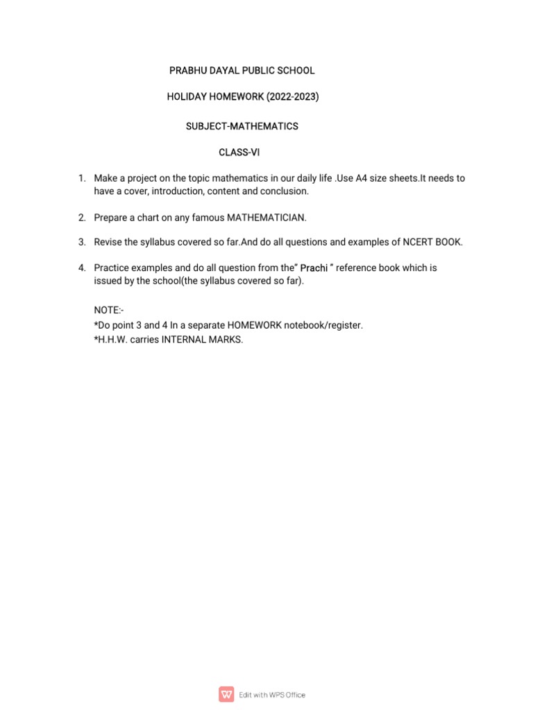 Holiday Homework Mathematics Class VI | PDF