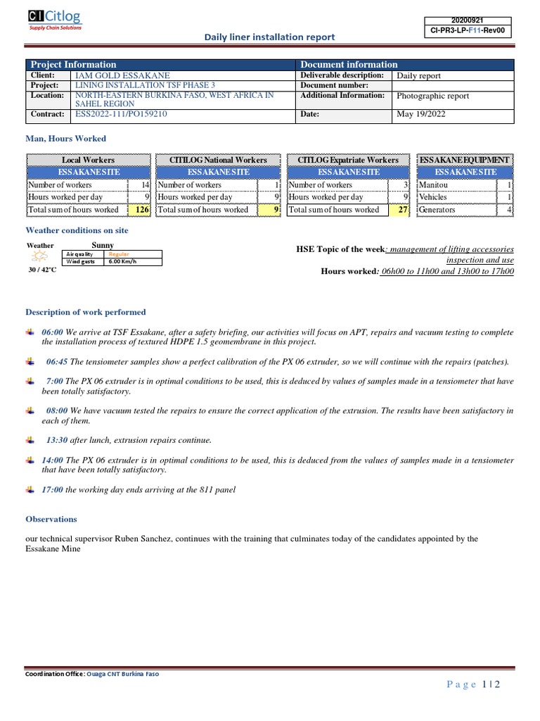 Daily Liner Installation Report: Project Information Document ...
