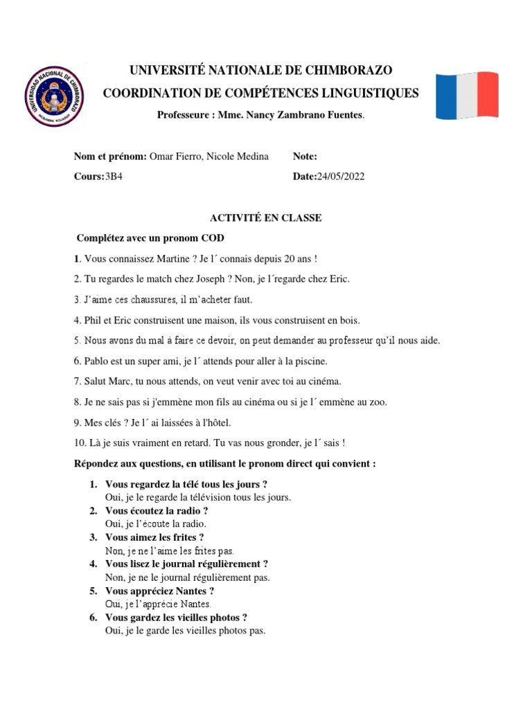 Pronom COD : Exercices de français | PDF | Arts du langage et discipline