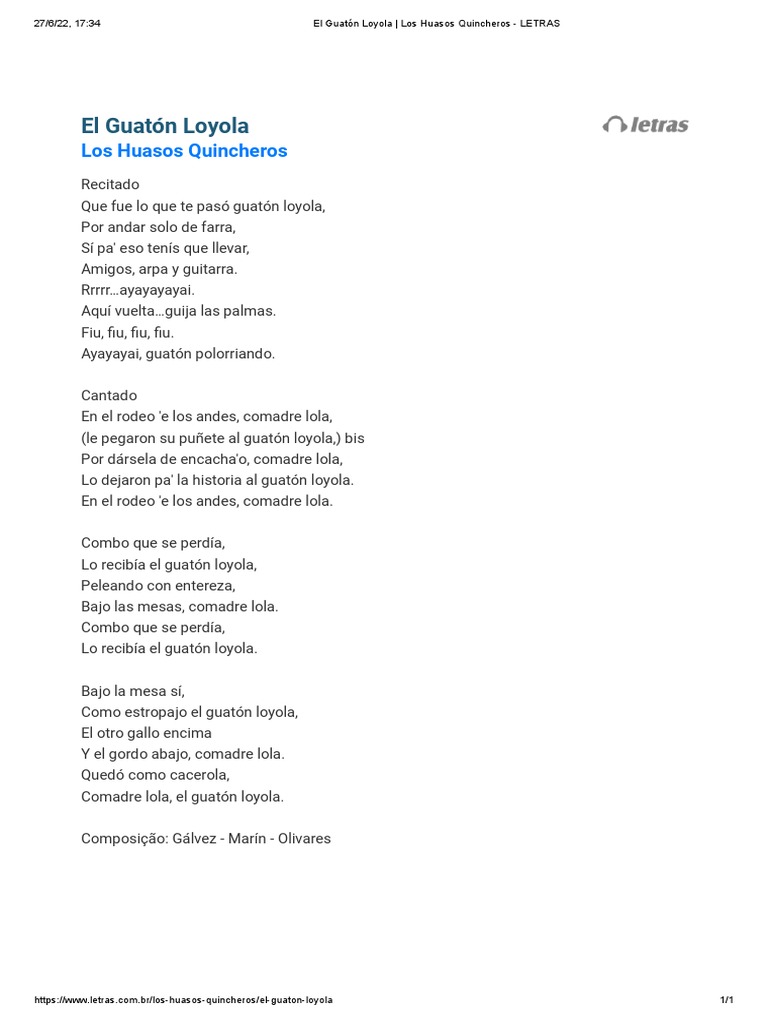 El Guatón Loyola - Los Huasos Quincheros - LETRAS | PDF