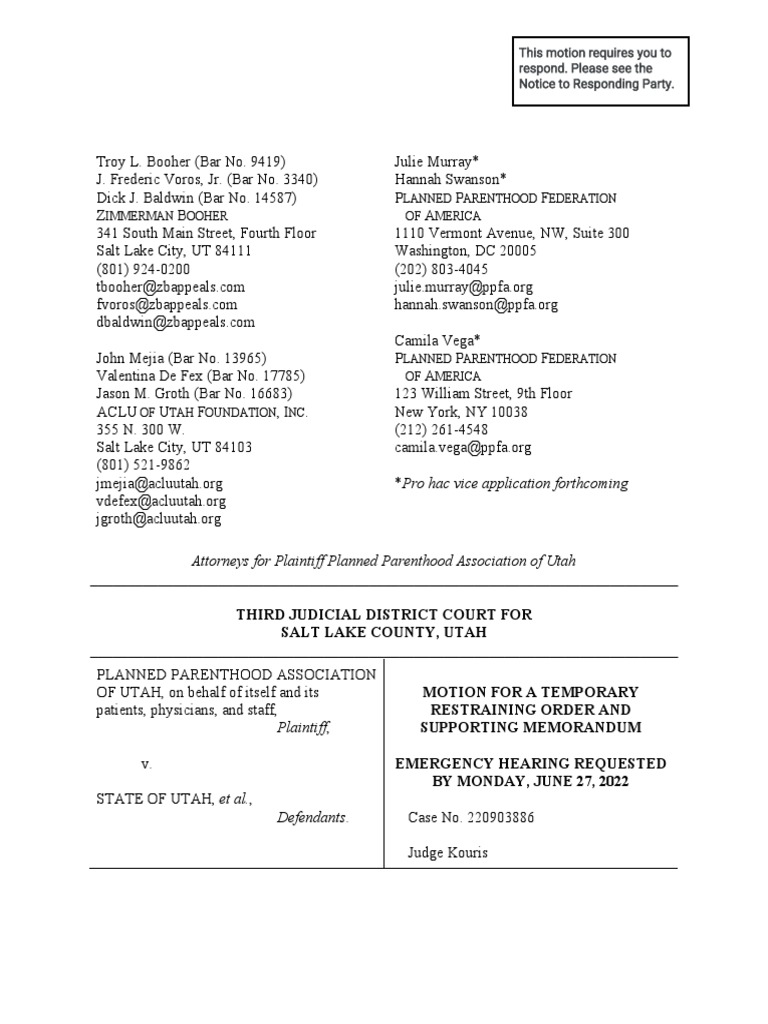 Motion For Temporary Restraining Order by PPAU | PDF | Childbirth ...