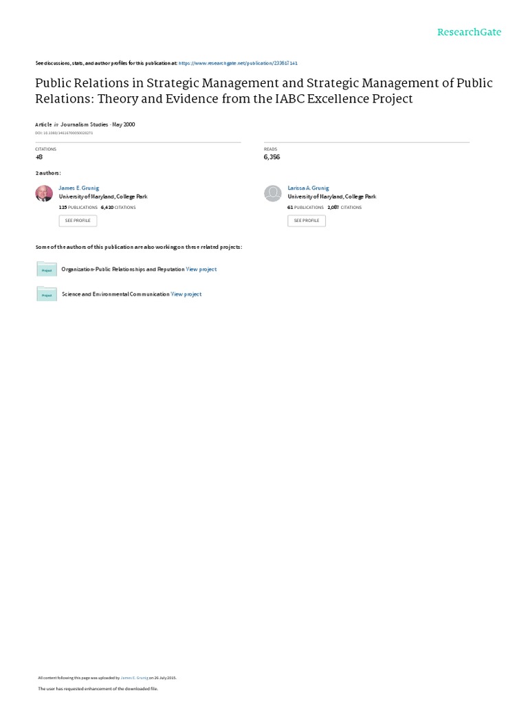 Grunig J, Grunig L. Public Relations in Strategic Management and ...