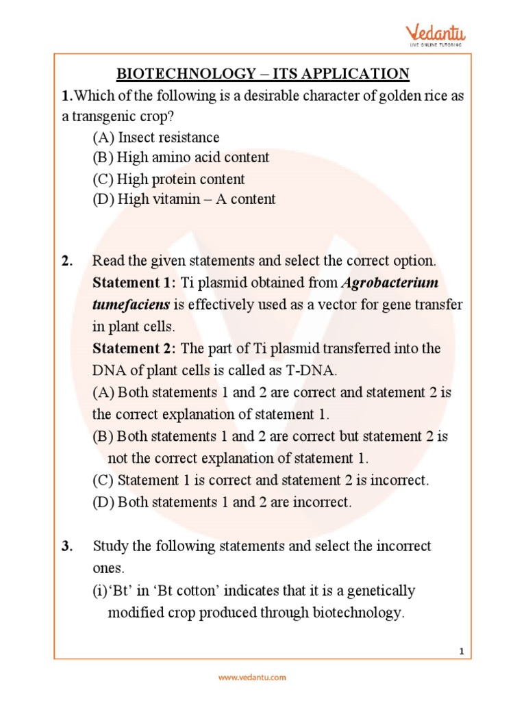 NEET Biotechnology & It's Application Important Questions | PDF ...