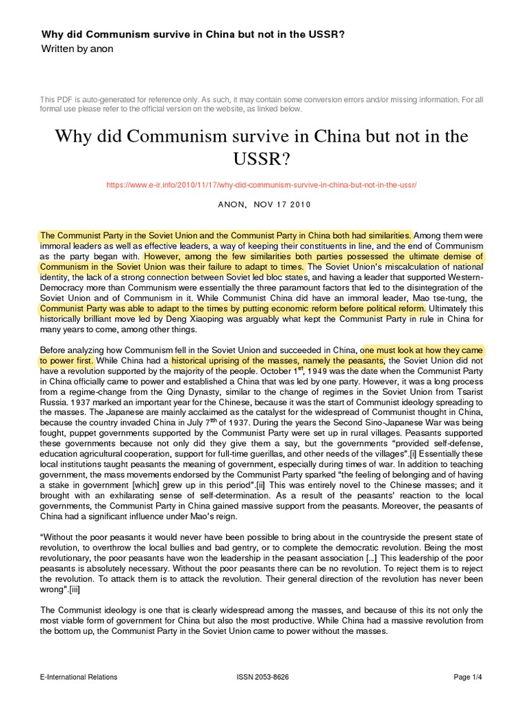 Communism's Survival: China vs. USSR | PDF | Communism | Communist ...
