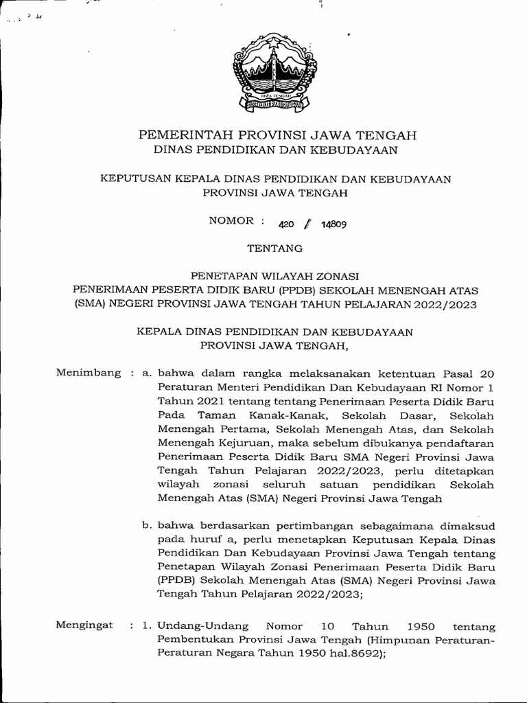 SK Kadinas Penetapan Zonasi PPDB SMA Negeri TP 2022-2023 | PDF