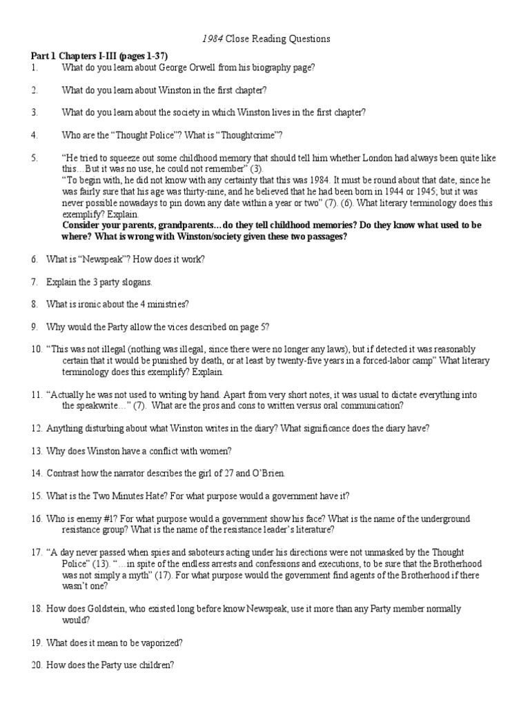 1984 Close Reading Questions: Part 1 Chapters I-III (Pages 1-37) | PDF