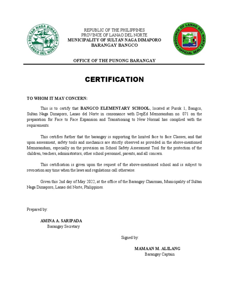 Certification: Barangay Bangco Office of The Punong Barangay | PDF