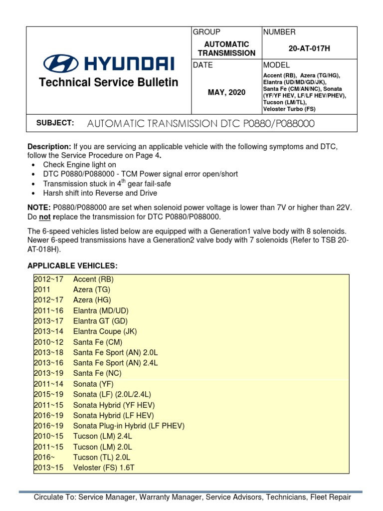 Technical Service Bulletin: Automatic Transmission DTC P0880/P088000 ...