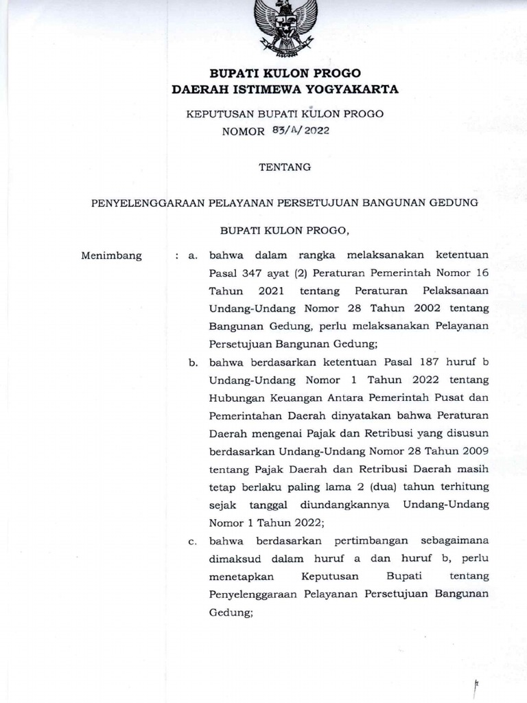 SK Bup 83 A 2022 Tentang Penyelenggaraan PBG | PDF