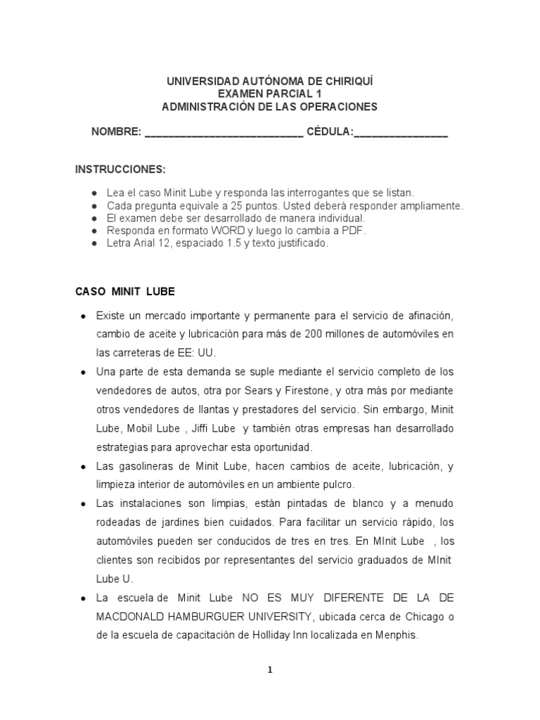 Examen Parcial 1 - Caso Minit Lube | PDF | Diseño