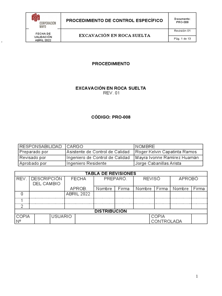 08. PROCEDIMIENTO DE EXCAVACIÓN EN ROCA SUELTA | PDF | Planificación ...