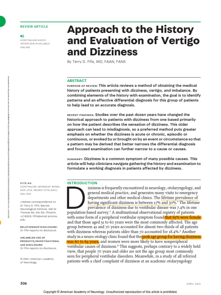 Approach To The History and Evaluation of Vertigo and Dizziness | PDF ...
