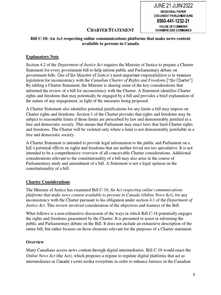 Charter Statement, Bill C-18 | PDF | News | Privacy