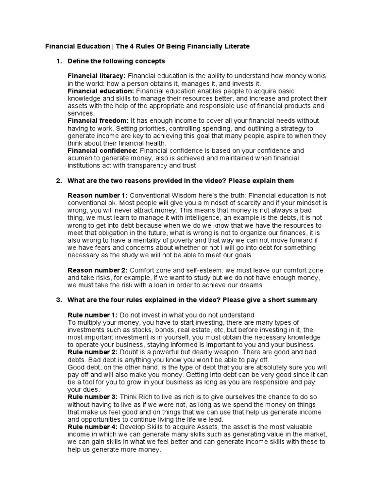 Financial Education The 4 Rules Of Being Financially Literate Pdf