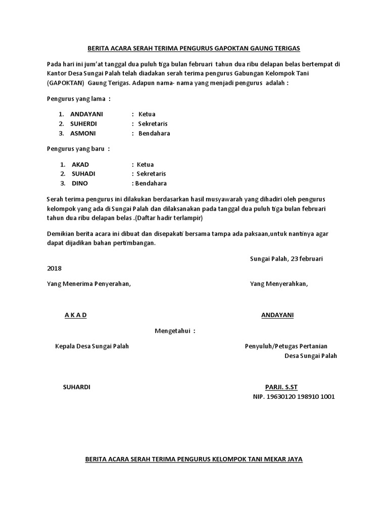 Berita Acara Pergantian Pengurus GAPOKTAN | PDF