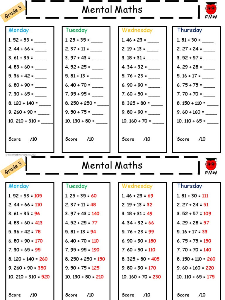 Grade 3 Mental Maths Addition Worksheet 1 | PDF